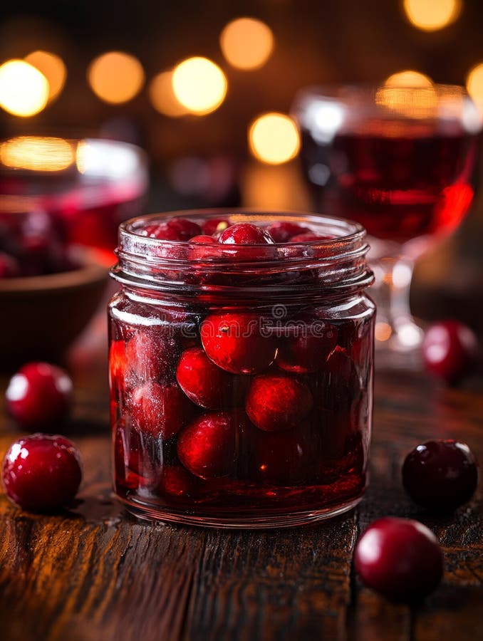 Jar of Cherries with Lights in the Background. Stock Image - Image of ...