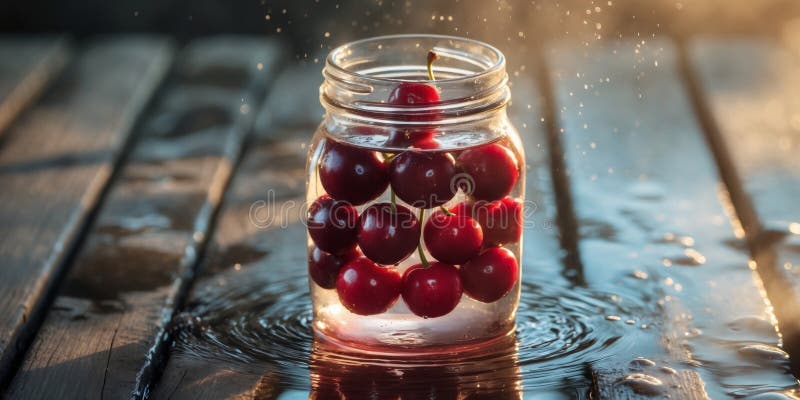 Jar of Cherries Submerged in Water Placed on a Wooden Table in Natural ...