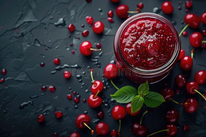 A Jar of Cherry Jam on Dark Background, Top View. Red Jam on the ...