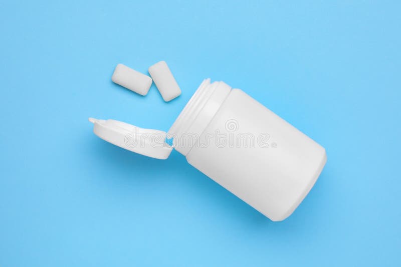 Jar with Chewing Gums on Light Blue Background, Flat Lay Stock Photo ...