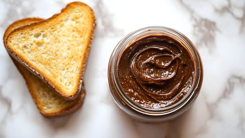 Jar of Chocolate Hazelnut Spread with Toasted Bread Slices on a Marble ...