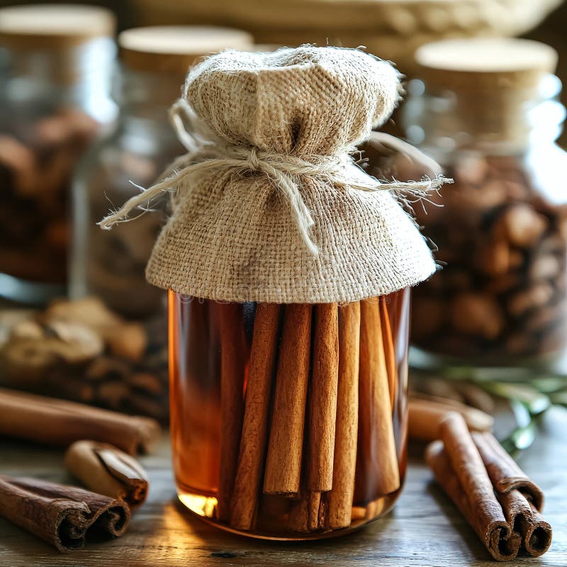 Jar of Cinnamon Sticks is Sitting on a Table with Other Jars and Spices ...