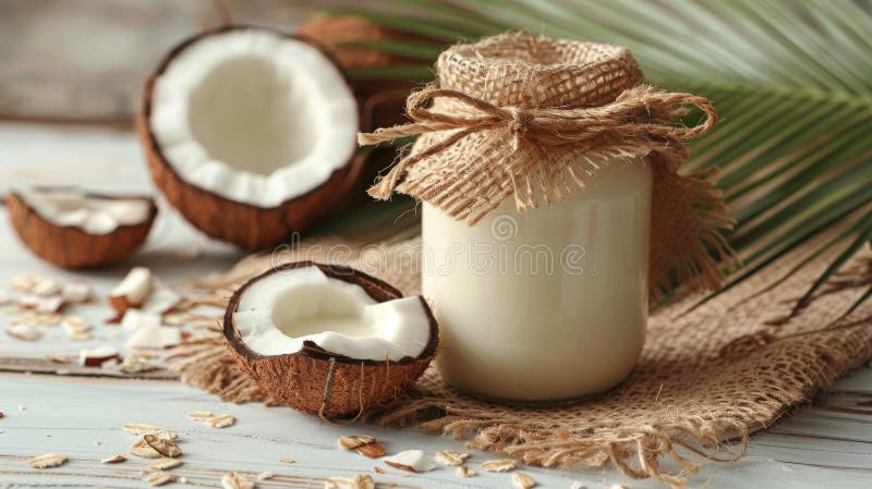 Jar of Coconut Milk Surrounded by Coconuts Stock Image - Image of ...