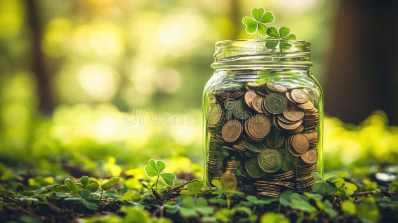 Jar of Coins with Four-leaf Clovers in Sunlit Forest Scene. Happy St ...
