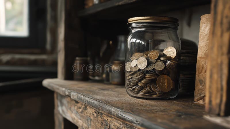 Jar of Coins on Rustic Wooden Shelf in Cozy Vintage Setting Stock ...