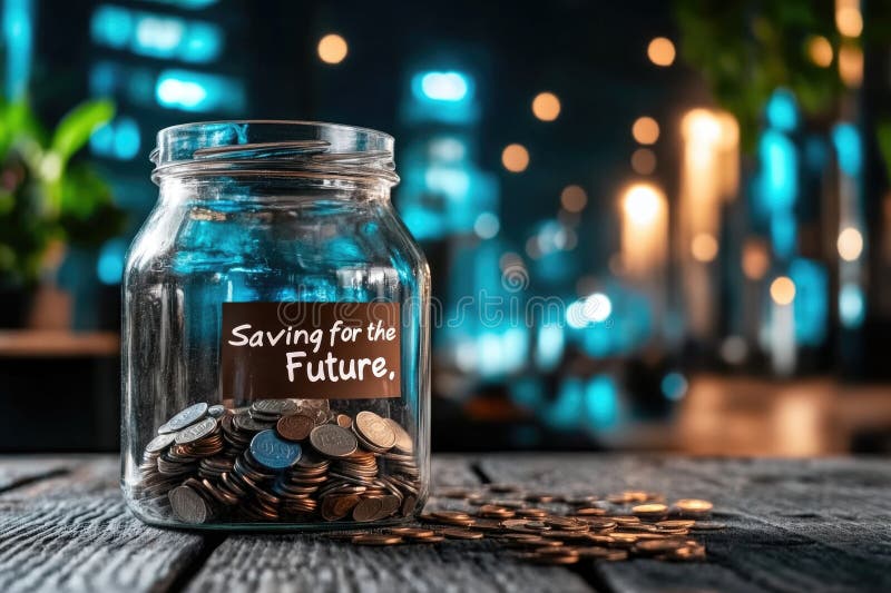 Jar of Coins with Saving for the Future Label on Wooden Table in Night ...