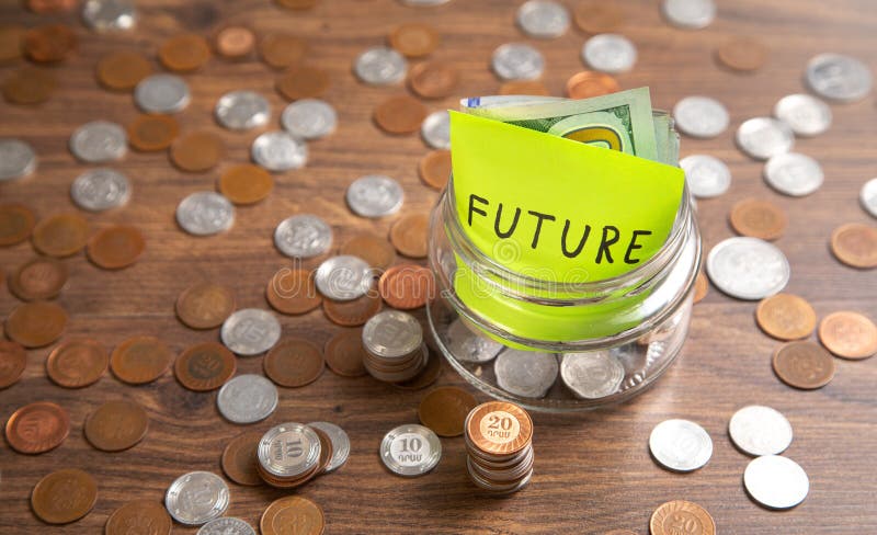 Jar of Coins and Word Future. Concept of Saving Money for Future Stock ...