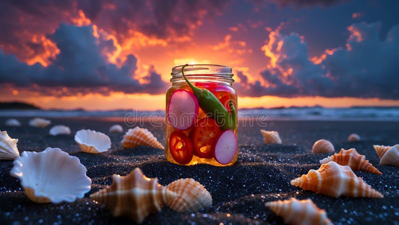 Sunset Beach Scene with Pickled Vegetables in a Jar Stock Illustration ...