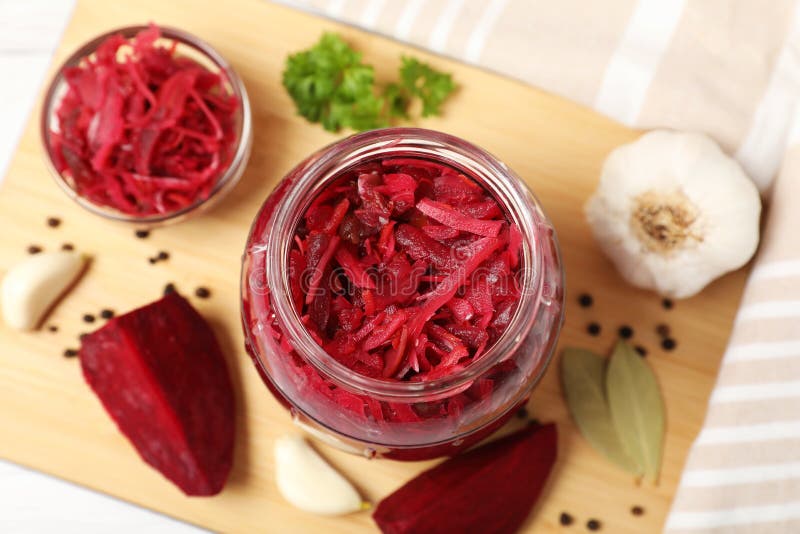 Jar with Delicious Pickled Beetroot and Spices on Table, Top View Stock ...