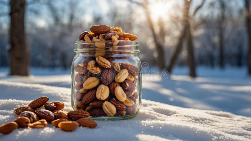 A Jar Filled with Assorted Nuts Placed on Snow, Illuminated by Sunlight ...