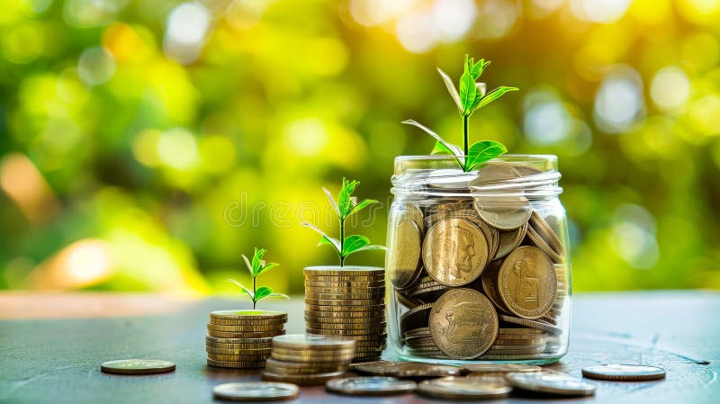 A Jar Filled with Coins and a Plant Growing Out of it Stock Image ...