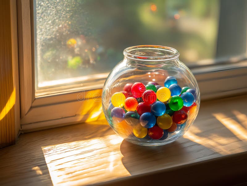 Jar Filled with Colorful Marbles in Soft Window Light Stock ...
