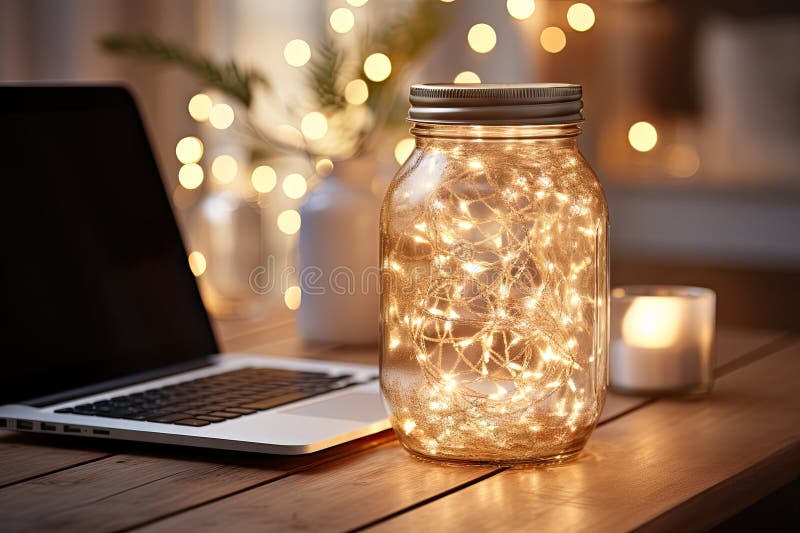 A Jar Filled with Fairy Lights Next To a Laptop Stock Illustration - Illustration of laptop ...