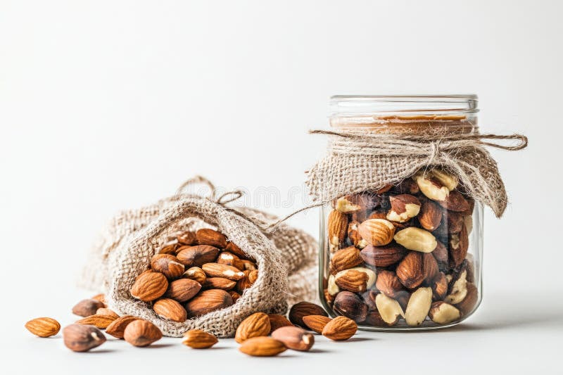 A Jar Filled with Nuts and a Bag of Nuts Displayed Together Stock Photo ...