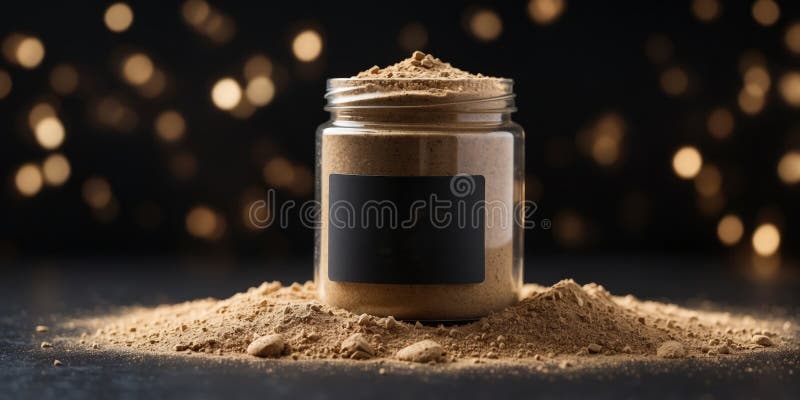 A Jar Filled with Protein Powder, Surrounded by Powder Dust, on a Dark ...