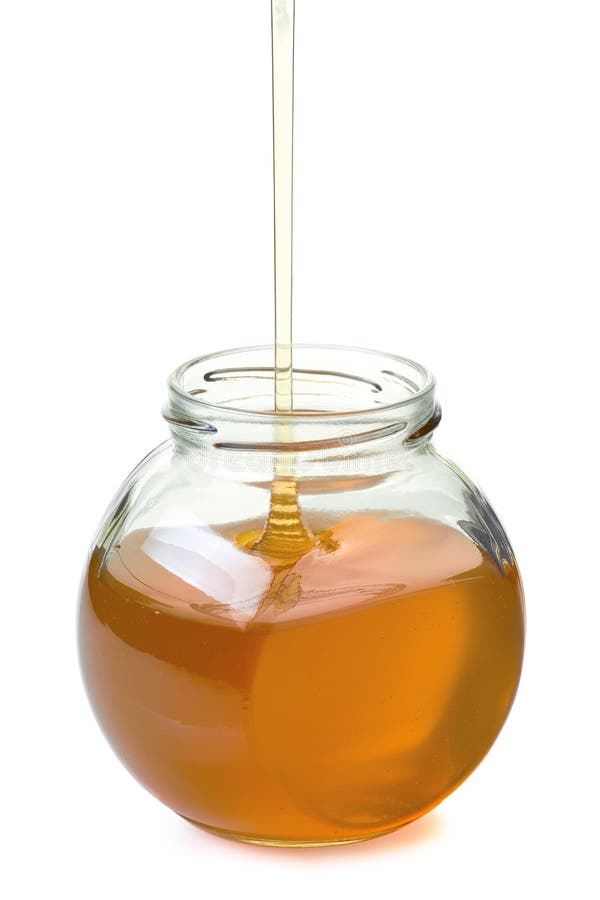 Jar with Flowing Honey on White Stock Photo - Image of drip, drizzler ...