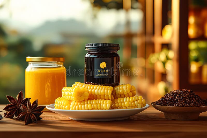 Jar of Honey and a Jar of Jam are on a Table with a Plate of Corn on it ...