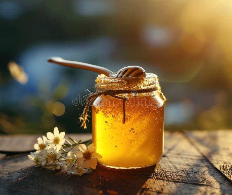 Jar of Honey with a Spoon Stuck in Stock Photo - Image of closeup ...