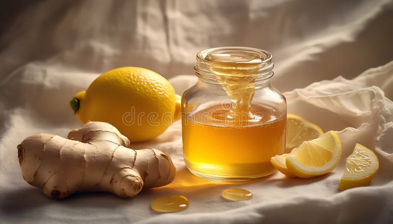 A Jar of Honey is on a Table with a Lemon and Some Ginger Stock ...