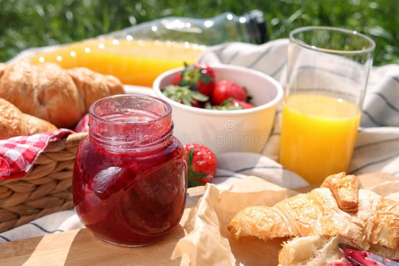 Jar of Jam, Juice and Croissants on Blanket Outdoors. Summer Picnic ...