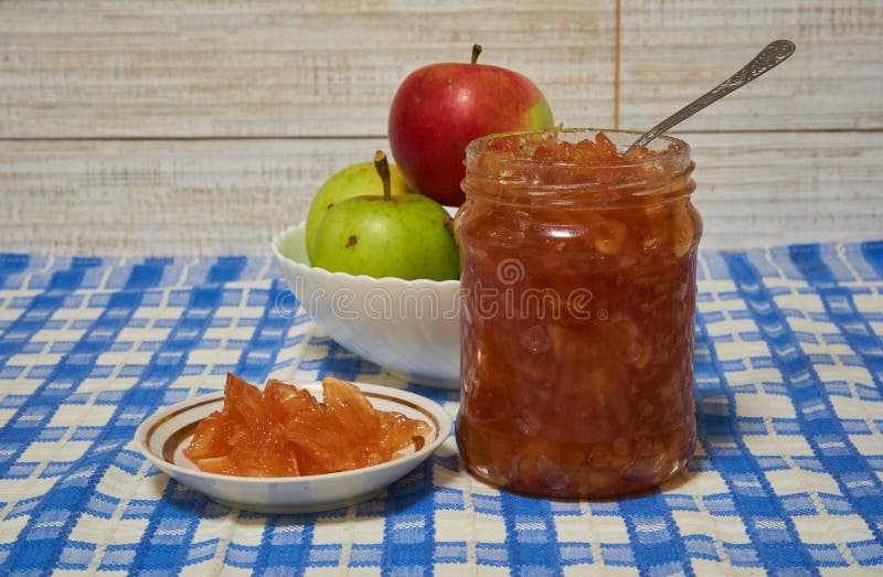 Apple Jam on the Table, Jar of Jam with Plate of Apples, Concept of ...