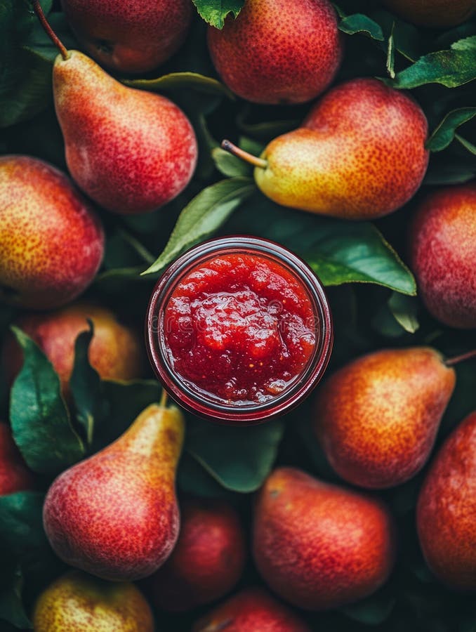 Jar of Jam Surrounded by Red Pears and Leaves. Stock Photo - Image of ...