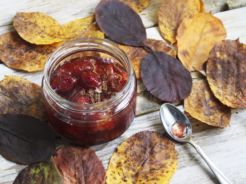 Jar of Jam on the Table with Leaves Stock Image - Image of food ...