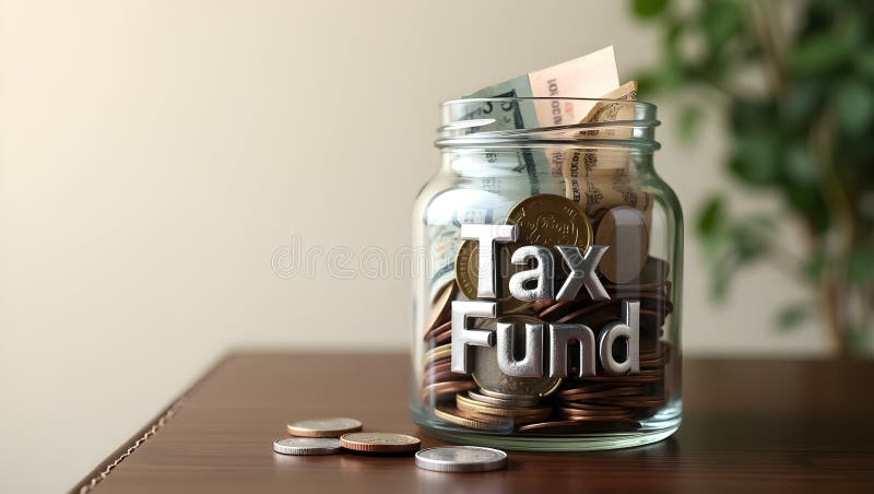 A Jar Labeled Tax Fund Filled with Coins and Notes on a Desk Stock ...