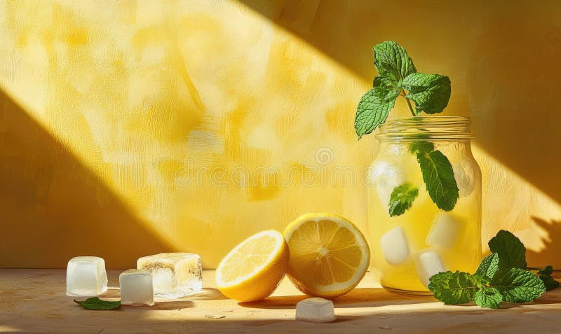 A Jar of Lemonade with Ice Cubes and a Sprig of Mint Stock Photo ...