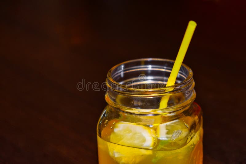 Jar of Lemonade on the Table Top in the Dark Cafe Stock Photo - Image ...
