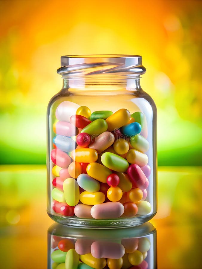A Jar Made of Transparent Glass, through Which Multi-colored Vitamins ...