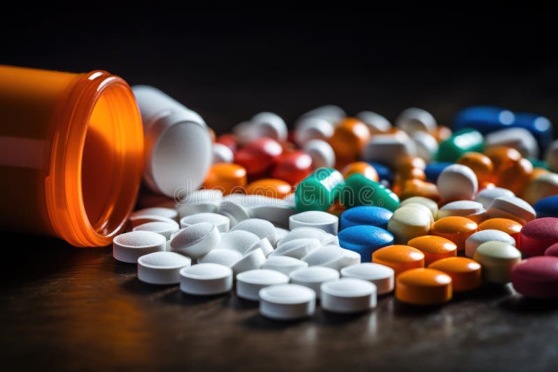 A Jar Overflowing with Essential Medication on Wooden Table. AI ...