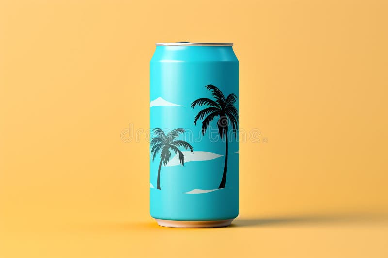 Jar with Palm Tree on Yellow Background. Can with Soda Template Close ...