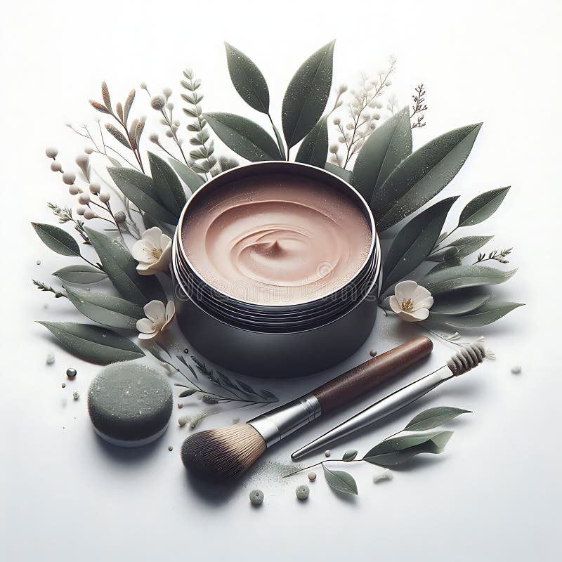 A Jar of Powder and Makeup Brushes Adorned with Flowers and Decorative ...