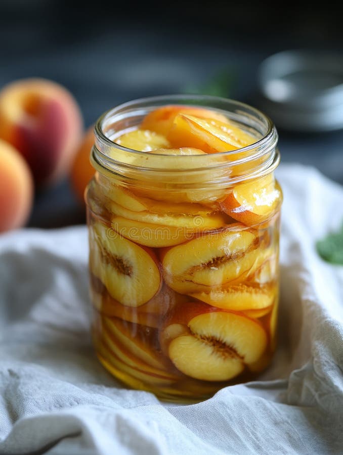 Jar of Preserved Peach Slices on a Cloth Stock Photo - Image of sweet ...