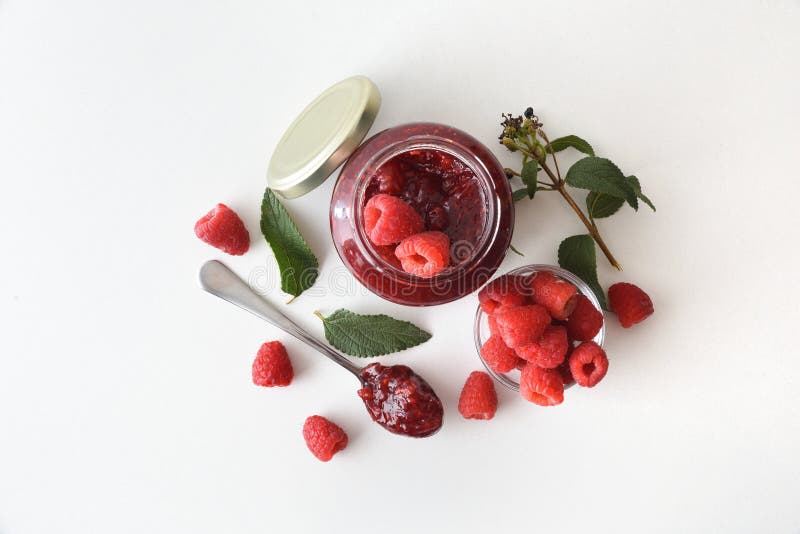Jar of Raspberry Jam with Fruit Around Isolated on White Stock Image ...