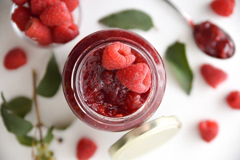 Jar of Raspberry Jam with Fruit Isolated on White Background Stock ...