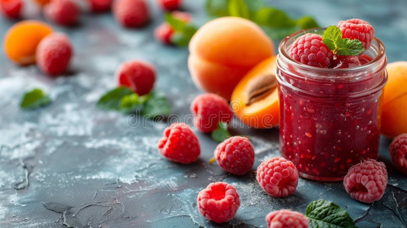 A Jar of Raspberry Jam Surrounded by Raspberries and Apricots on a ...