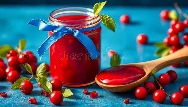 Jar of Red Jam is Sitting on a Blue Table Stock Photo - Image of ...