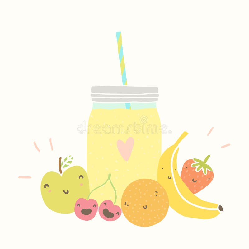 Jar with Smoothie and Funny Fruits. Stock Vector - Illustration of ...