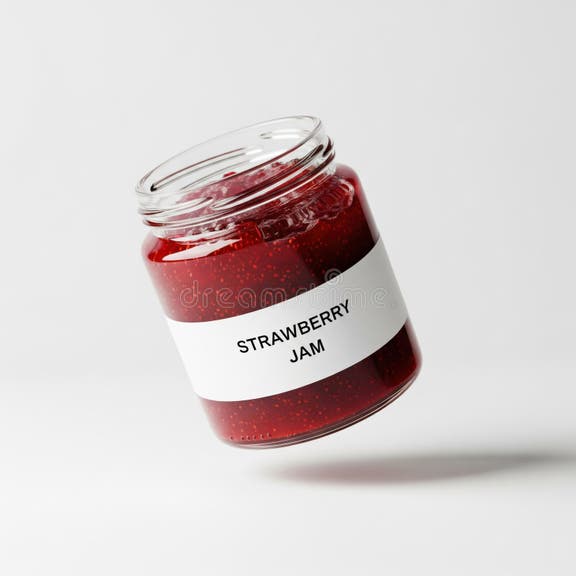 Jar of Strawberry Jam Floating in Mid Air on a Solid White Background ...