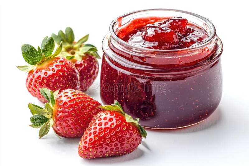 A Jar of Strawberry Jam Sits Next To Three Fresh Strawberries Stock ...