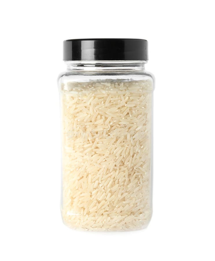 Jar with Uncooked Long Grain Rice Isolated on White Stock Photo - Image ...