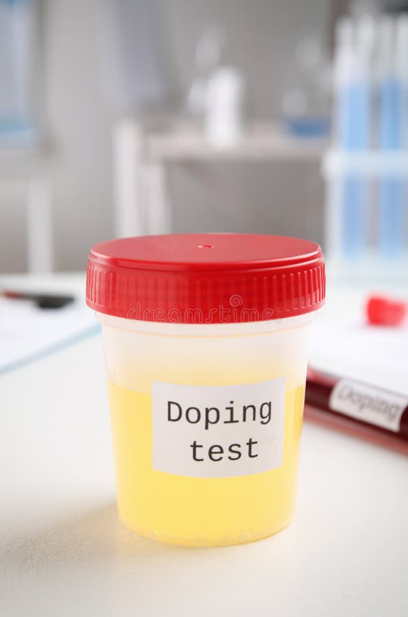 Jar with Urine Sample on White Table Indoors. Doping Control Stock ...