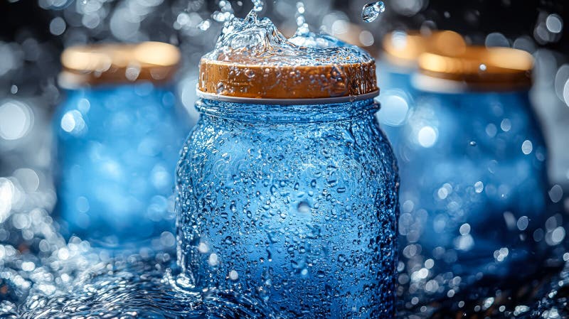 Jar of Water is Sitting on a Surface with Water Droplets Falling from ...