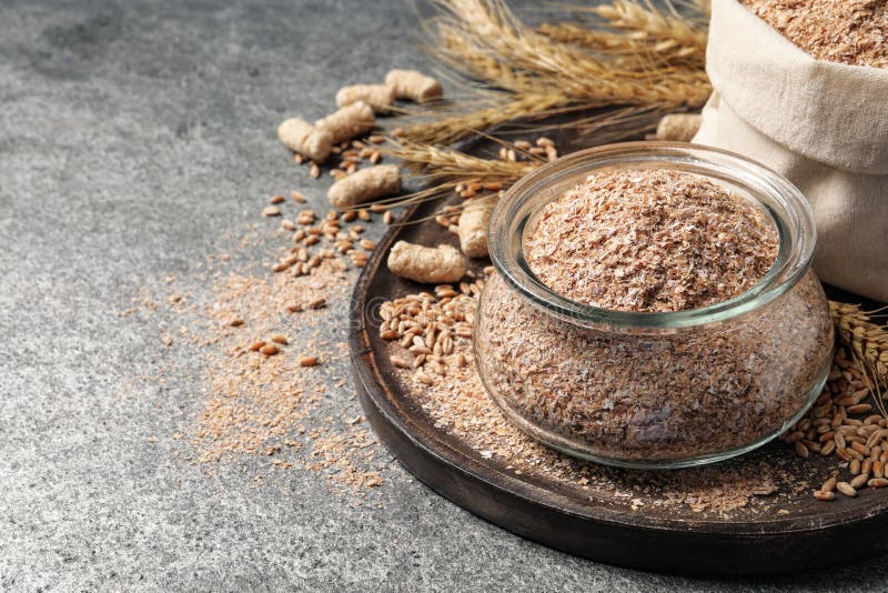 Jar of Wheat Bran on Grey Table, Space for Text Stock Image - Image of ...