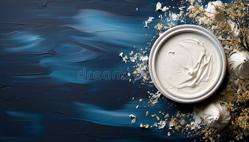 Jar of White Paint on Canvas Coated with Blue Oil Paint. Creative Still ...