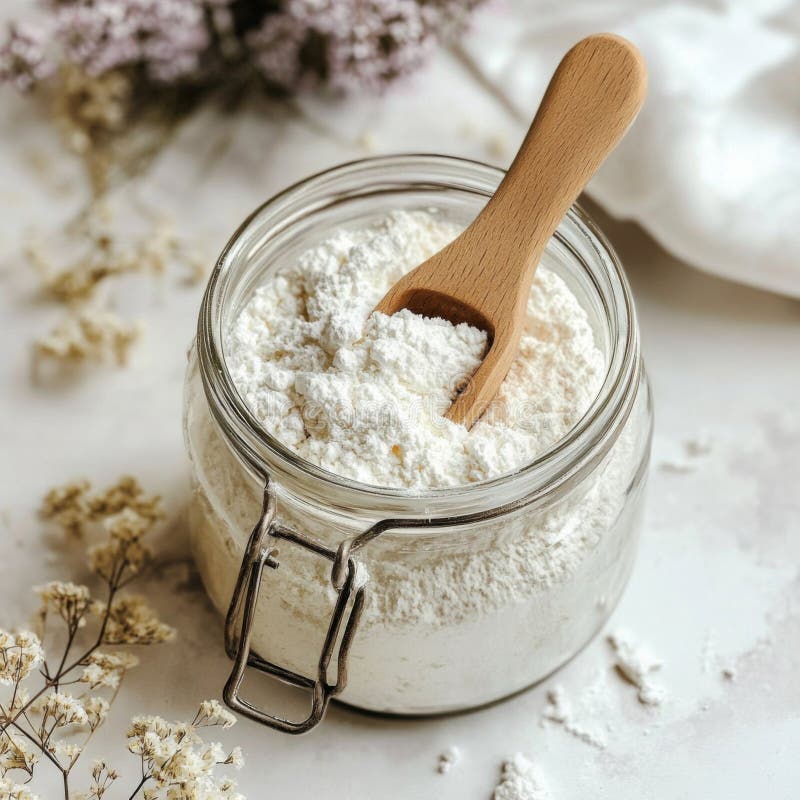 A Jar of White Powder with a Wooden Spoon Stock Illustration ...