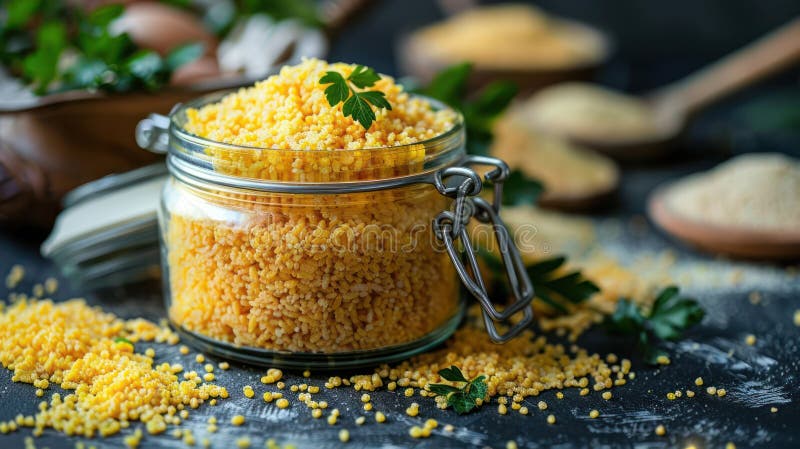 Golden Couscous in Glass Jar: Close-up of Delicate Grains Stock ...