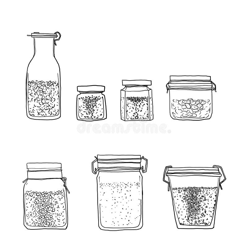 Jars, Bottles of Spices Hand Drawn Line Art Cute Illustration Stock ...